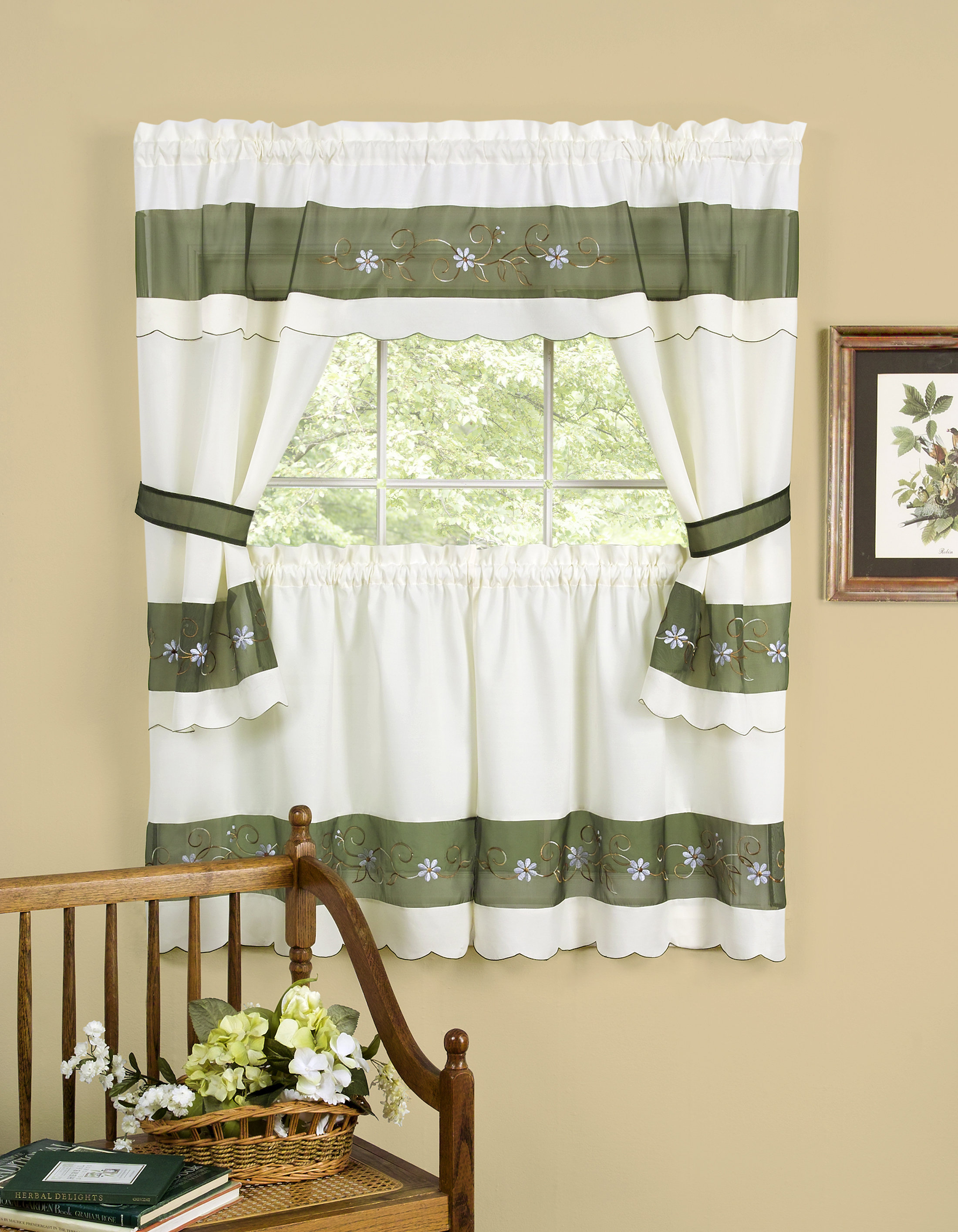 Red Barrel Studio Woven Trends Ruffled Kitchen Cafe Curtains 3 Piece Tailored Rod Pocket Scalloped Panels with Swag Valance Embellished Cottage Set